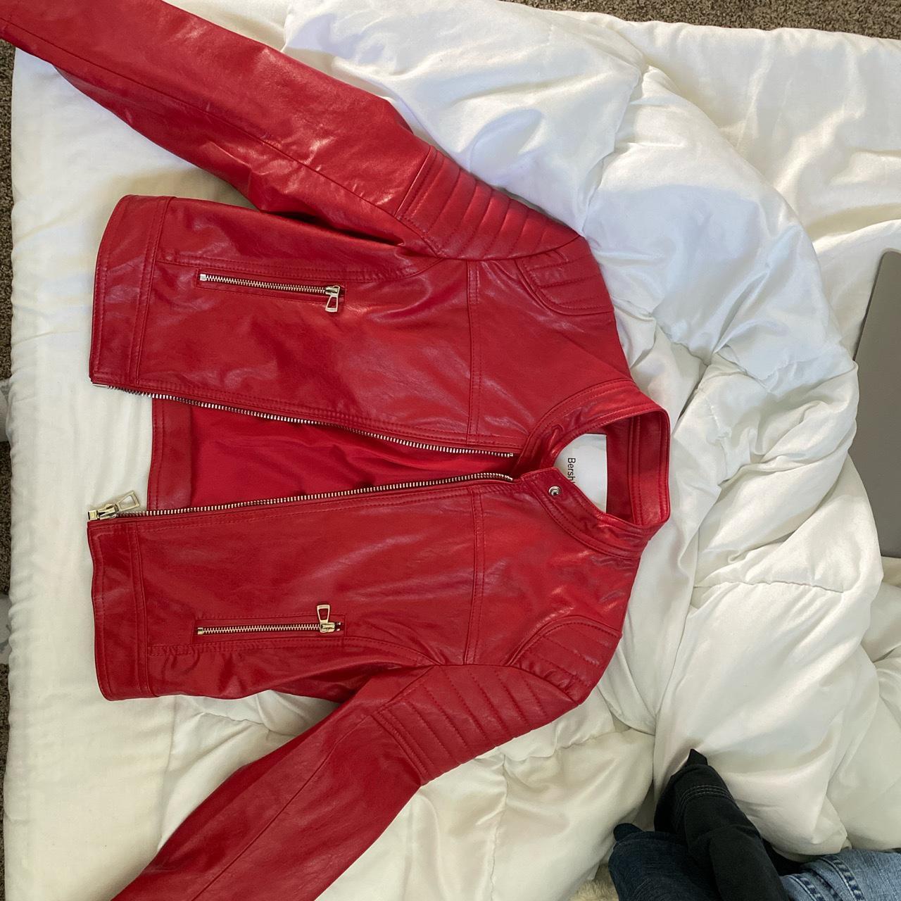Red pleather jacket ️ Size small Brand Bershka... - Depop