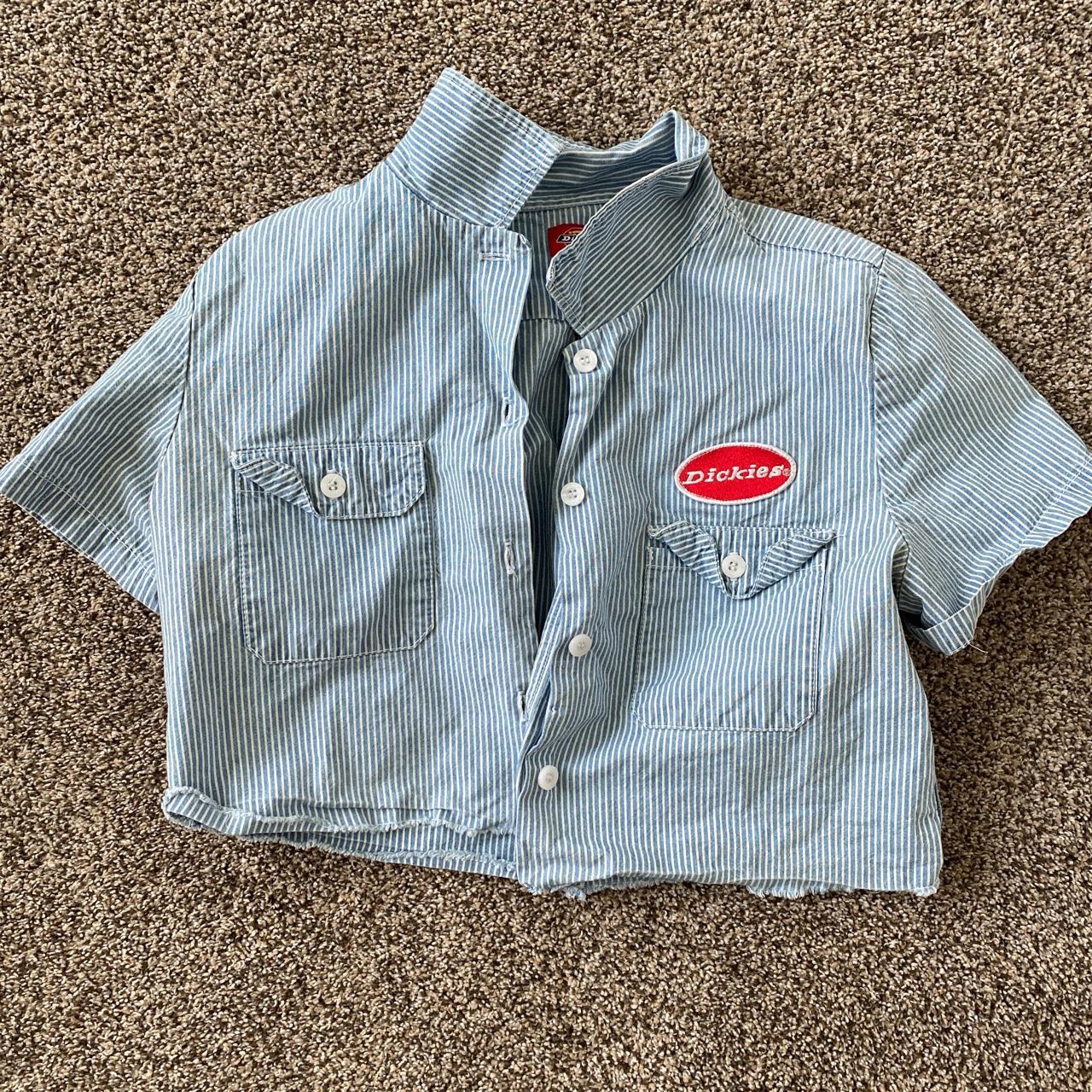 Dickies railroad striped cropped button down shirt-... - Depop