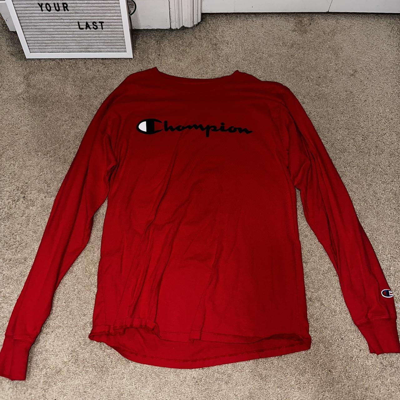men’s medium long sleeve red champion shirt barely... - Depop