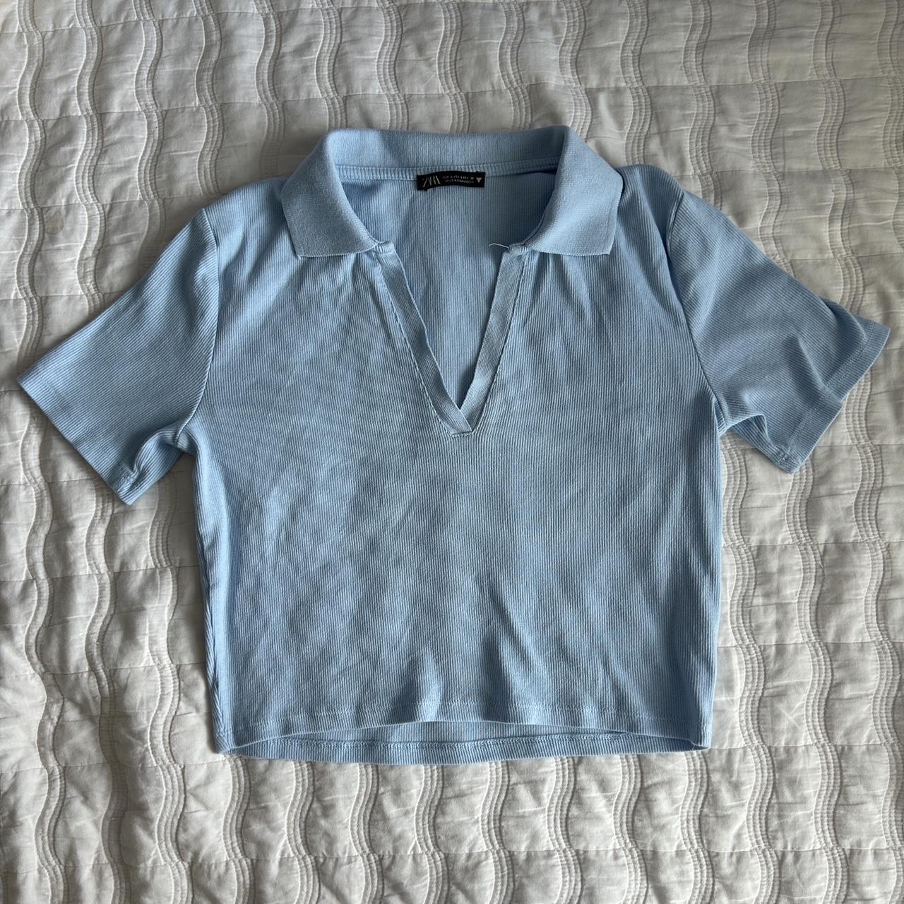 cropped pastel baby blue polo top from zara... - Depop