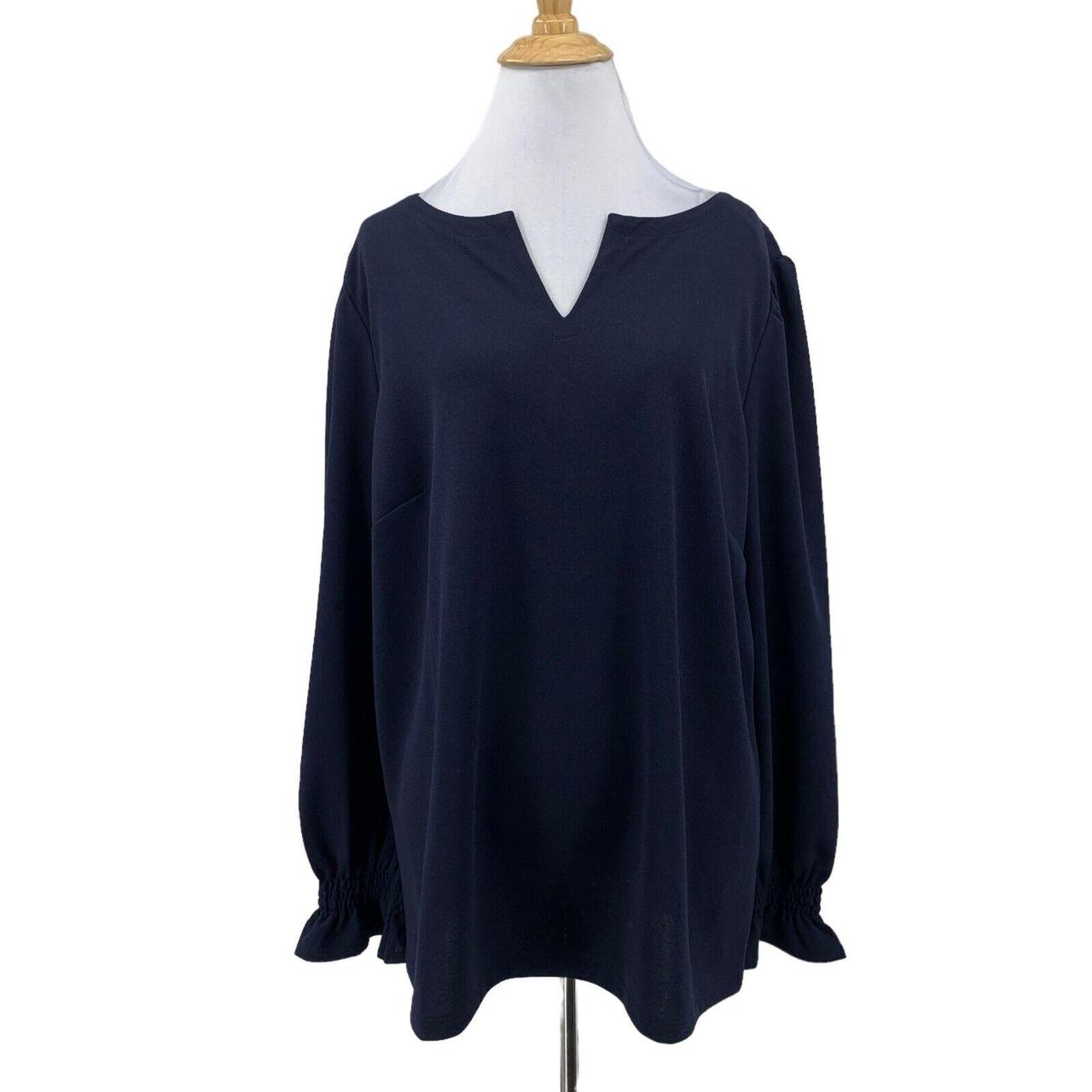 Talbots Blouse Womens Plus 1X Navy Blue V Neck Long... - Depop