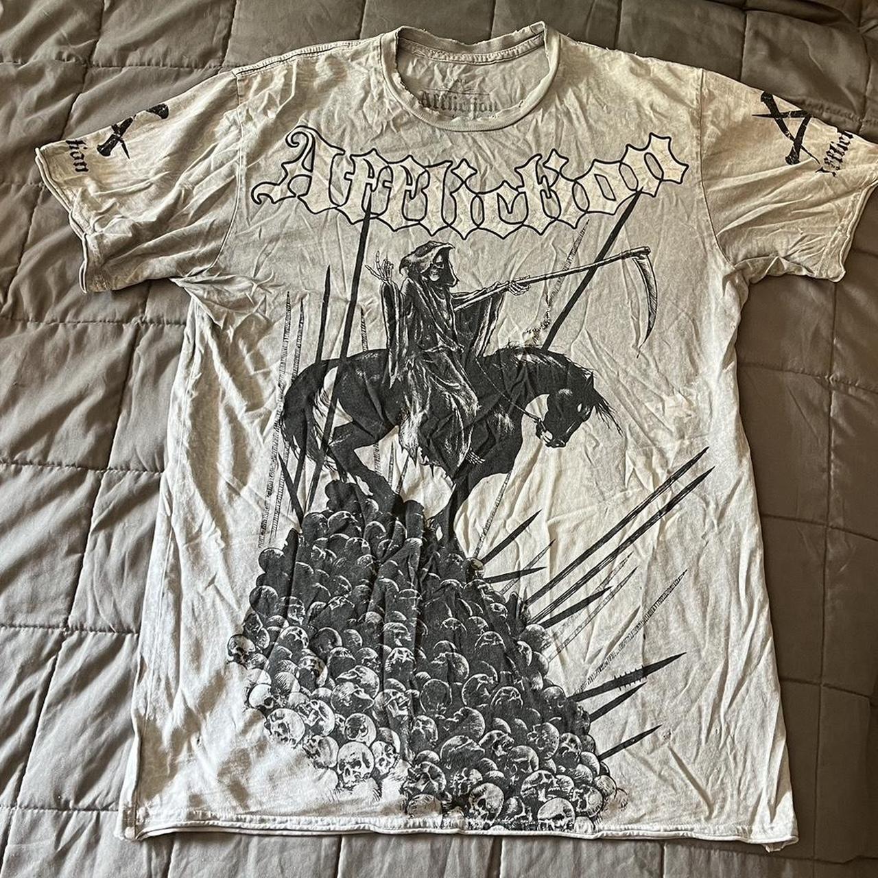 Affliction Men's Grey and Black T-shirt | Depop