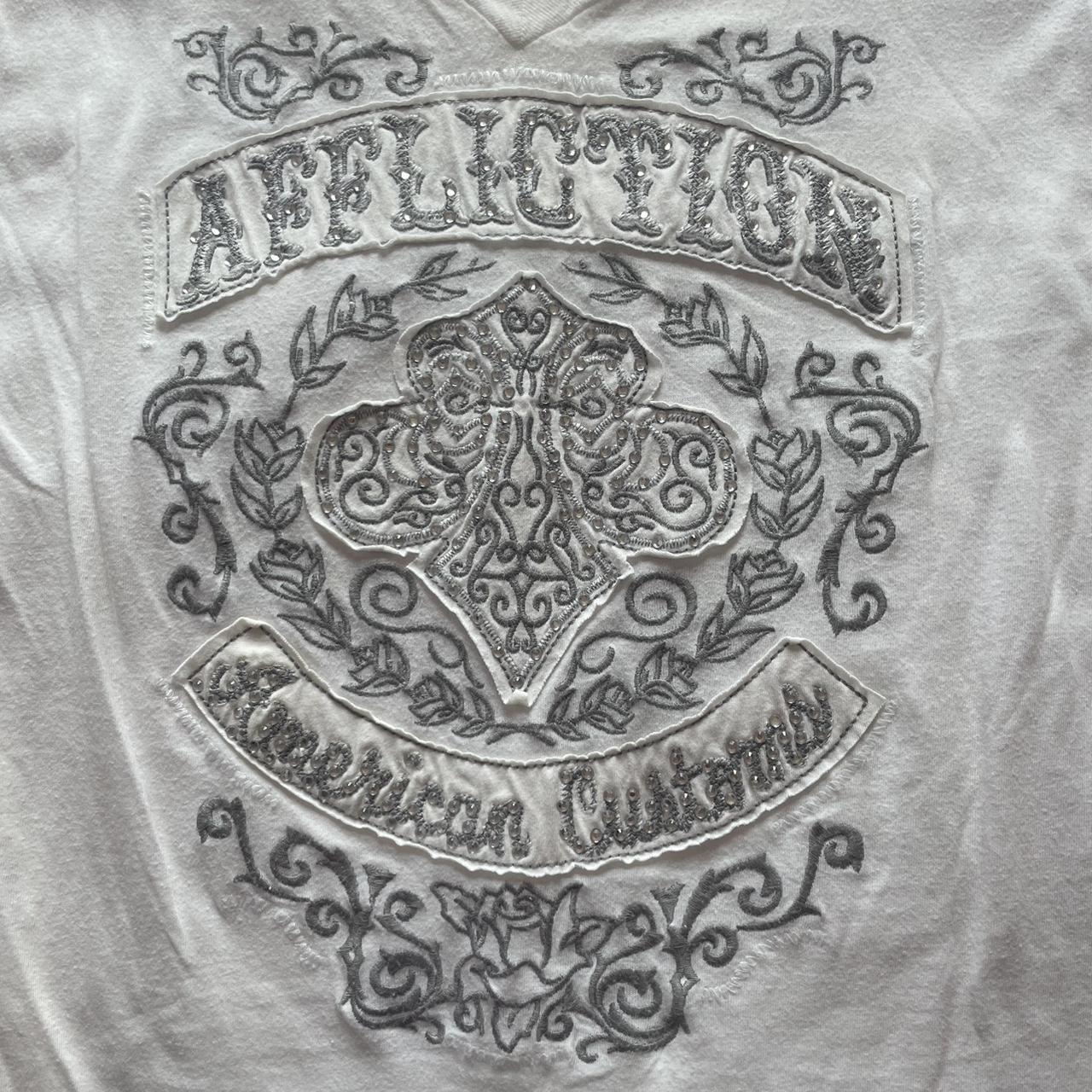 affliction white and silver shirt, with rhinestone... - Depop