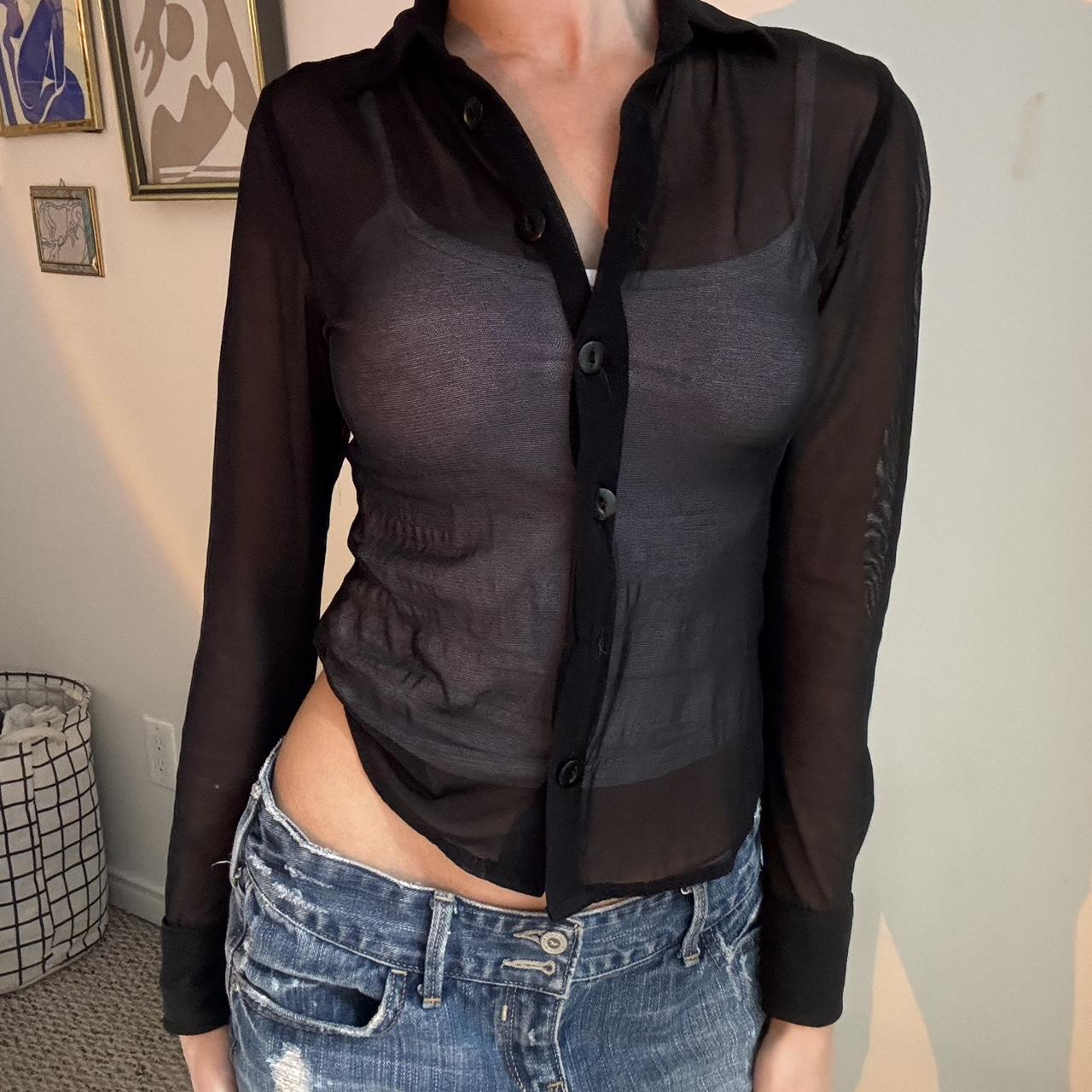 true 90s/early 2000s mesh button up, fits so cute... | Depop