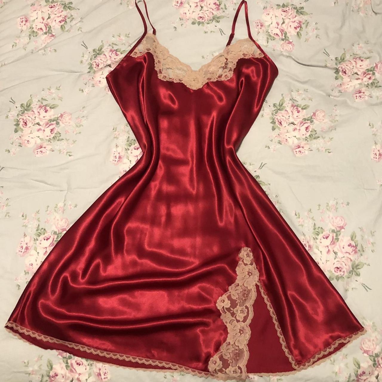 Red Satin Nightgown Mid-length satin nightgown with... - Depop