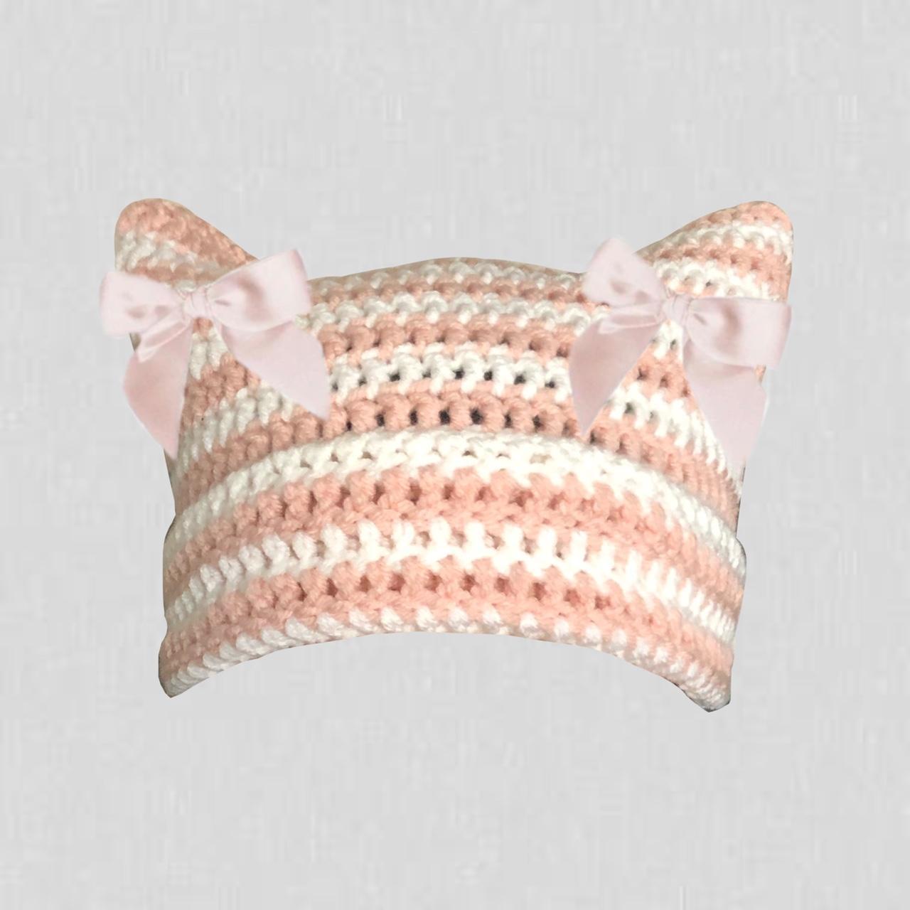 Coquette Pink and White Cat Beanie 🌟 • handmade •... - Depop