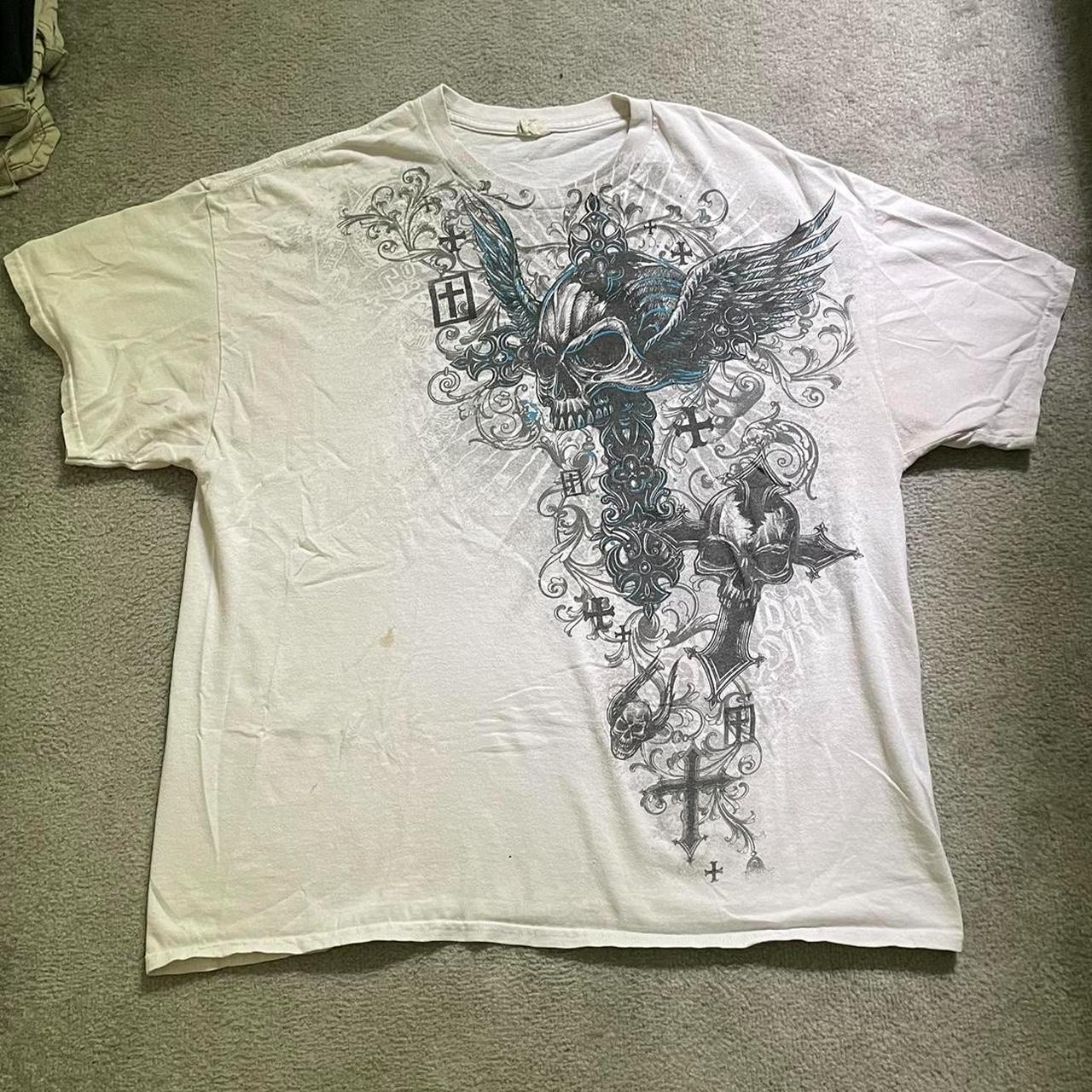 Cyber y2k grunge skull wings tee grunge 2000s shirt,... - Depop