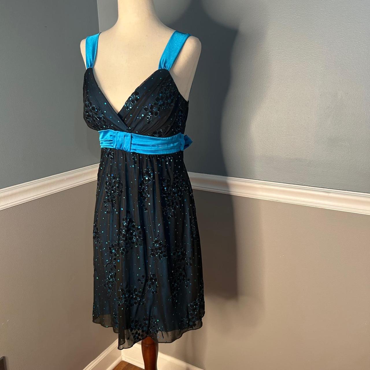 Deb Y2K Sequin Party Dress Turquoise Ribbon Accent... | Depop
