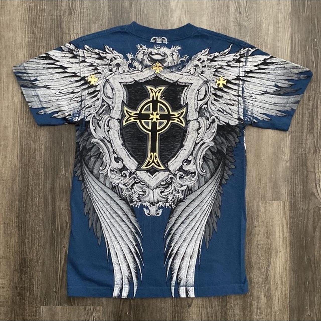 Affliction Men's Blue and Gold T-shirt | Depop