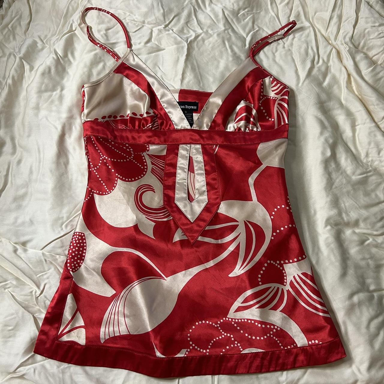 red satin y2k patterned tank top intricate... - Depop