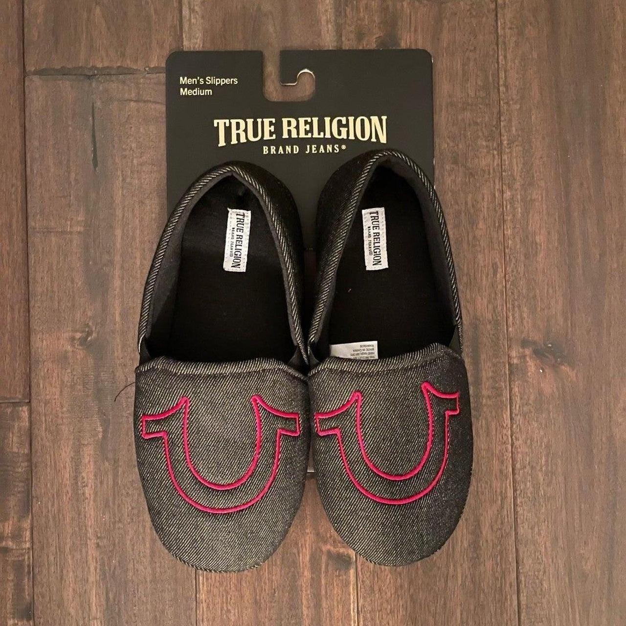 NWT True Religion Moccasin Slippers. Black Denim... | Depop