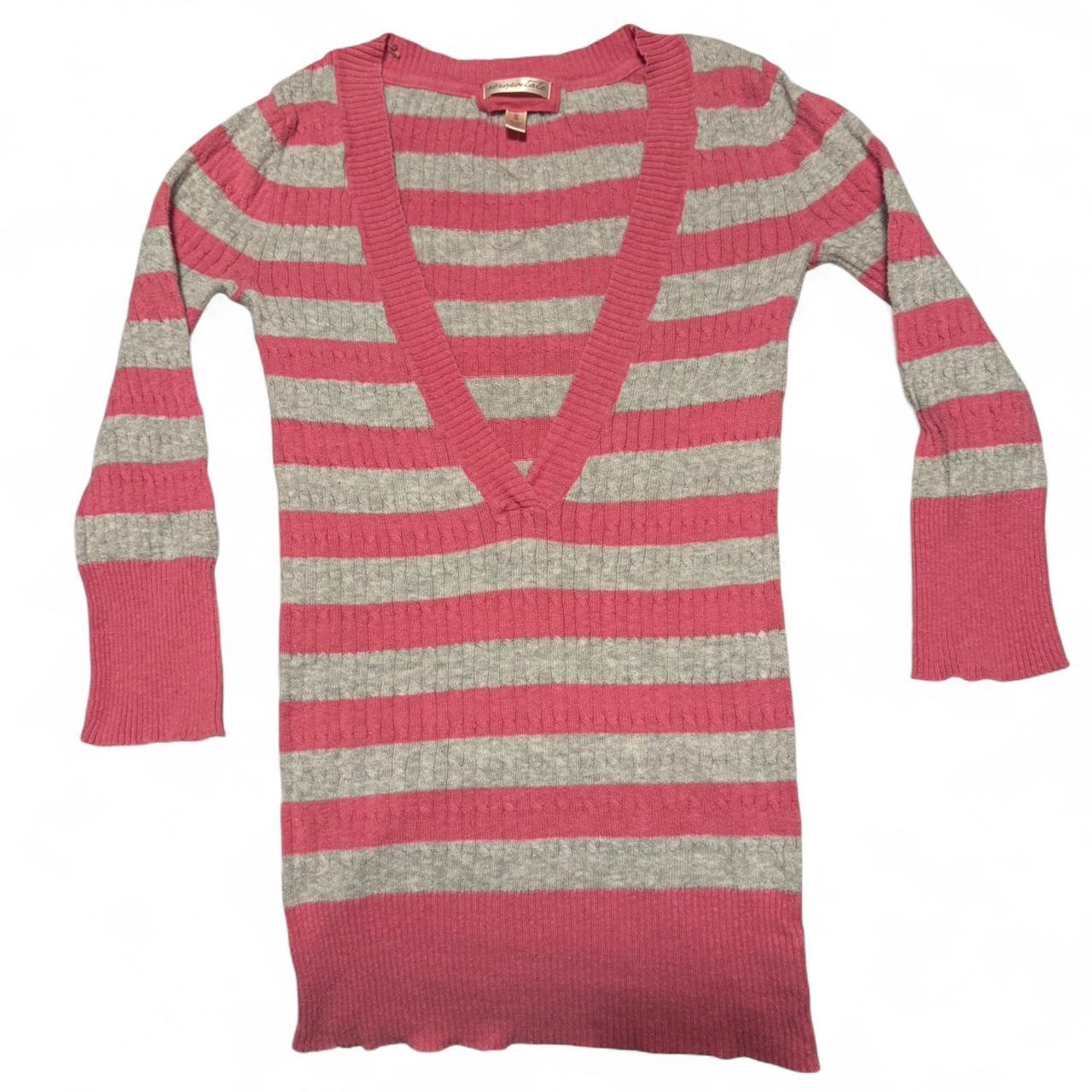 long pink and grey striped Aeropostale v neck... | Depop