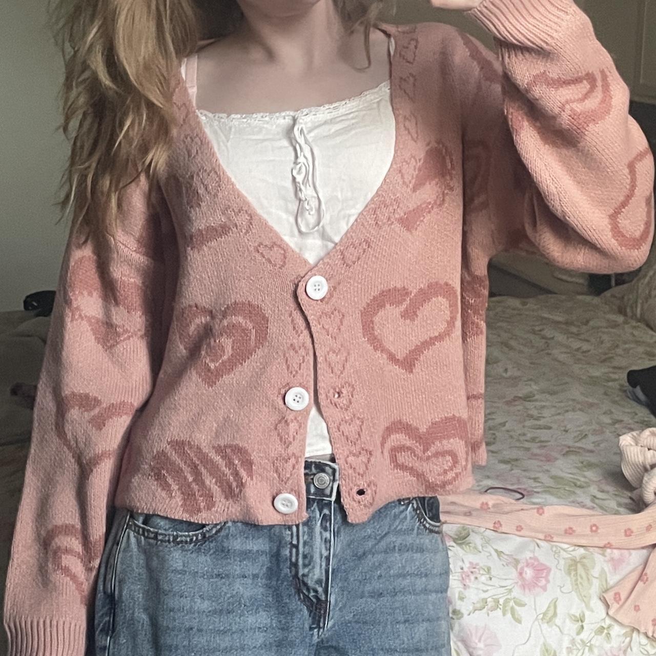 Cute heart dainty coquette cardigan button up pink... - Depop