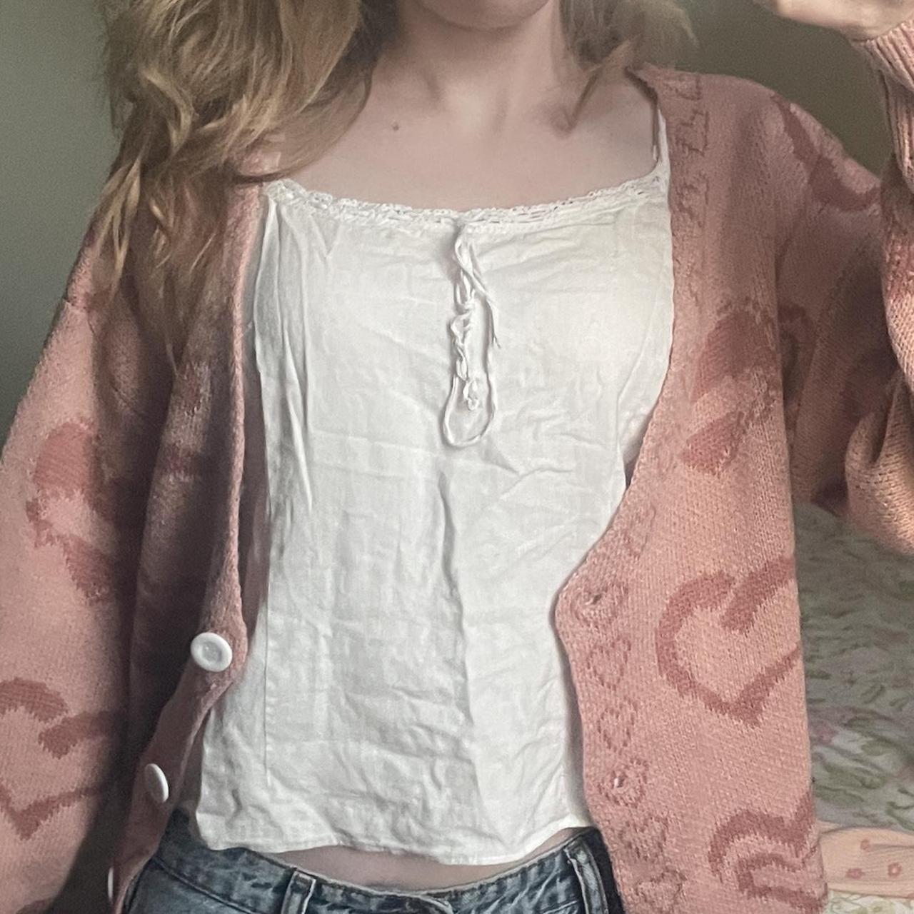 Cute heart dainty coquette cardigan button up pink... - Depop