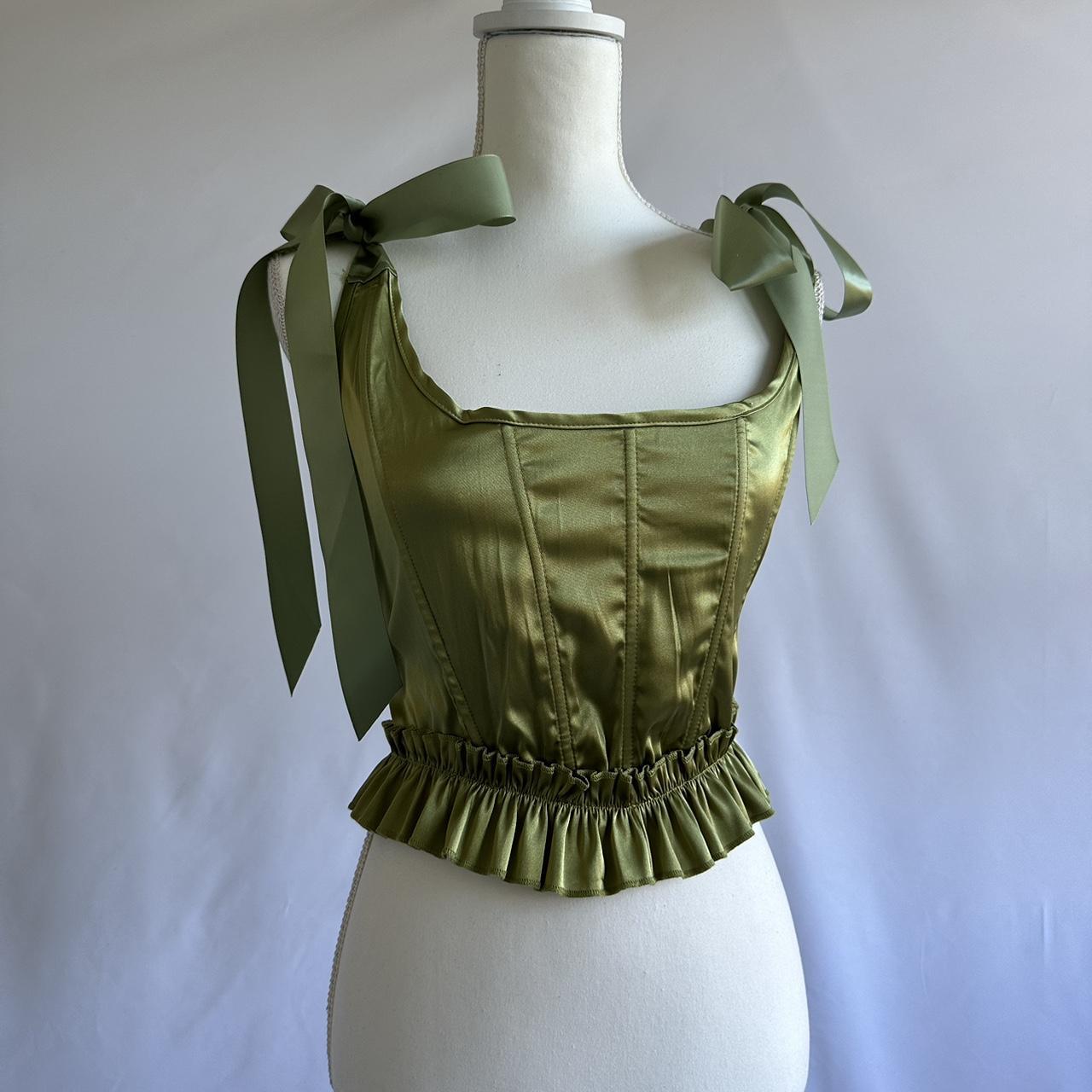 Green Satin Ribbon Corset BARELY USED Size Medium... - Depop