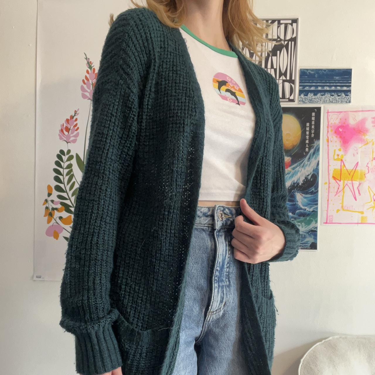 long teal/turquoise cardigan with pockets. super... - Depop