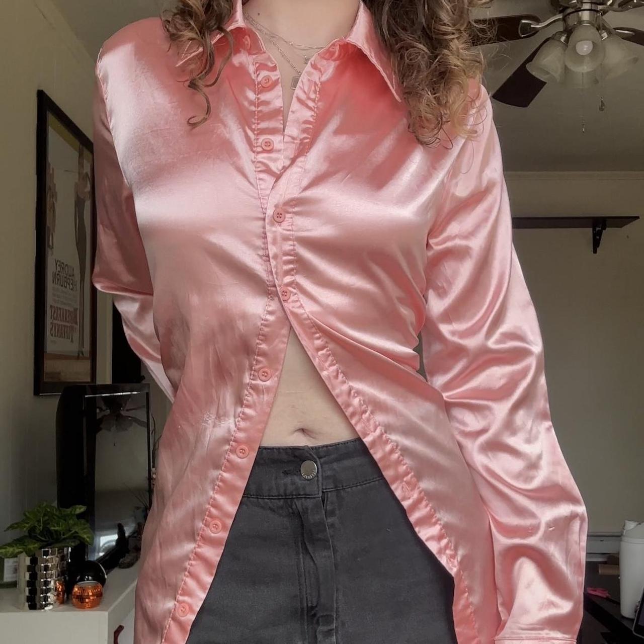 pink satiny button up top pretty little thing light... | Depop