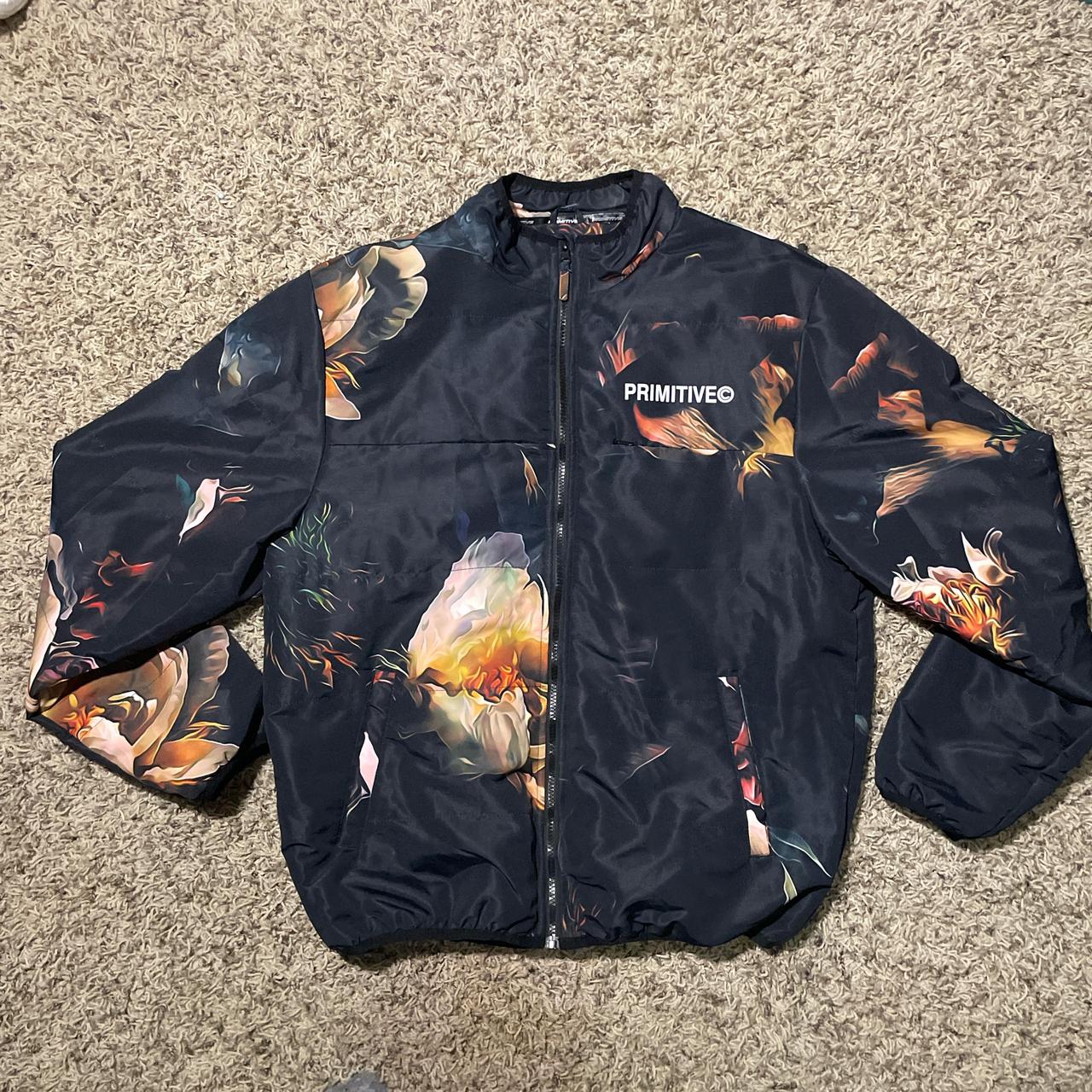 Primitive black and orange floral bomber jacket.... - Depop