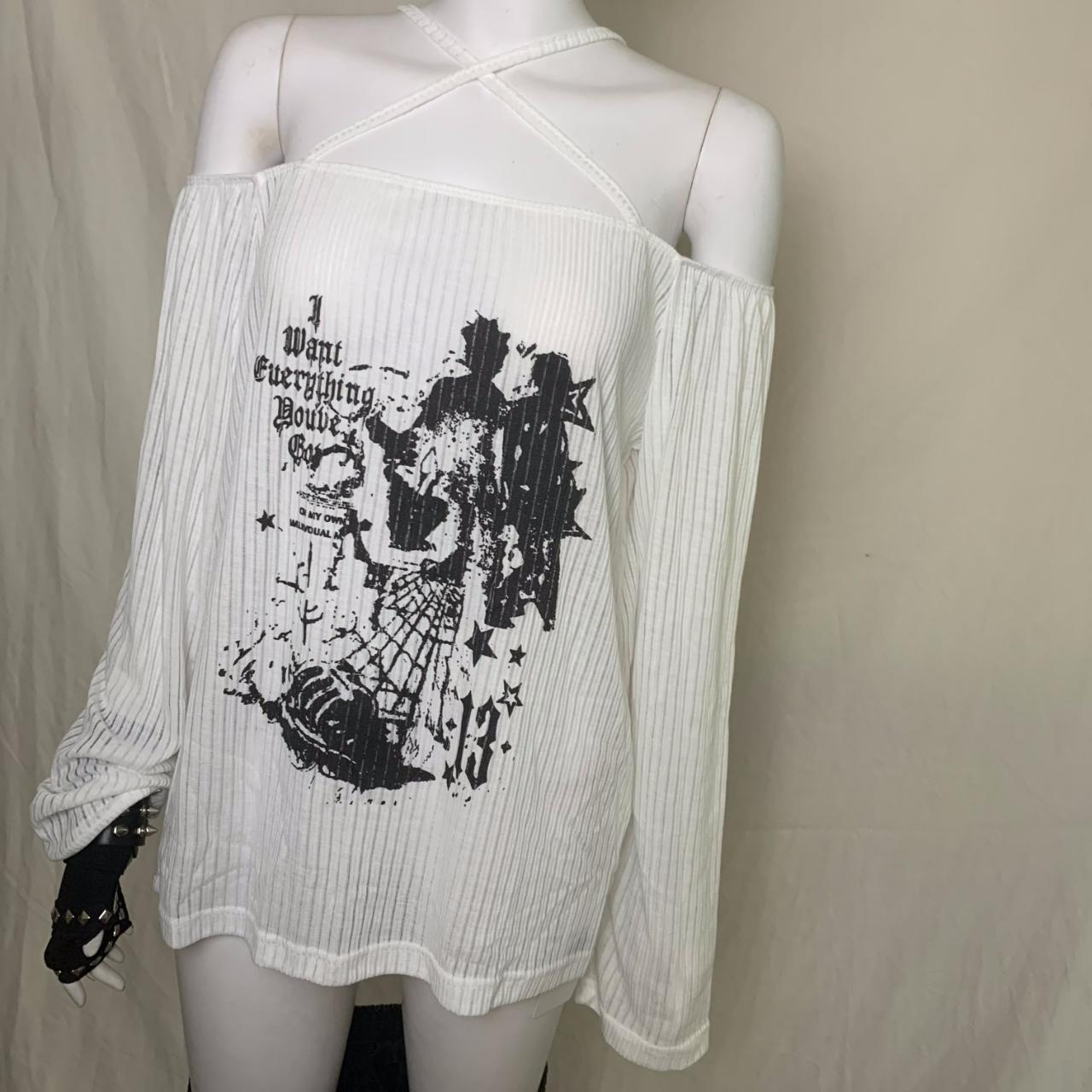y2k style one shoulder printed top. grunge top, punk... - Depop
