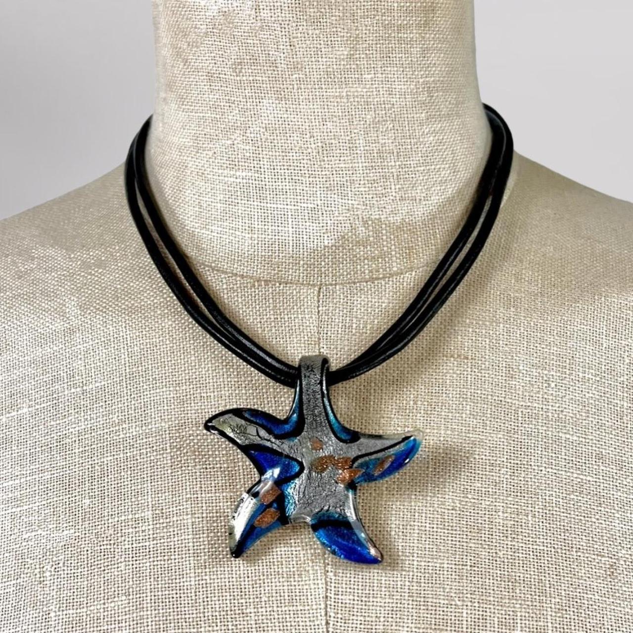 🦋 Murano glass star necklace on a doubled leather... - Depop