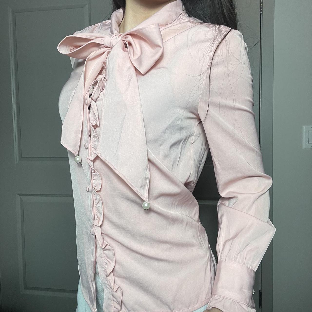 pink ruffle button down blouse shirt with tie... - Depop