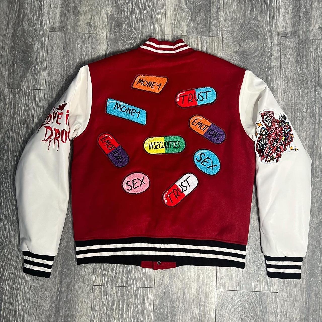 love is is a drug varsity jacket Multiple sizes... - Depop