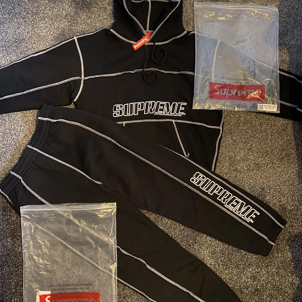 Black and white Supreme Coverstitch tracksuit, brand... | Depop
