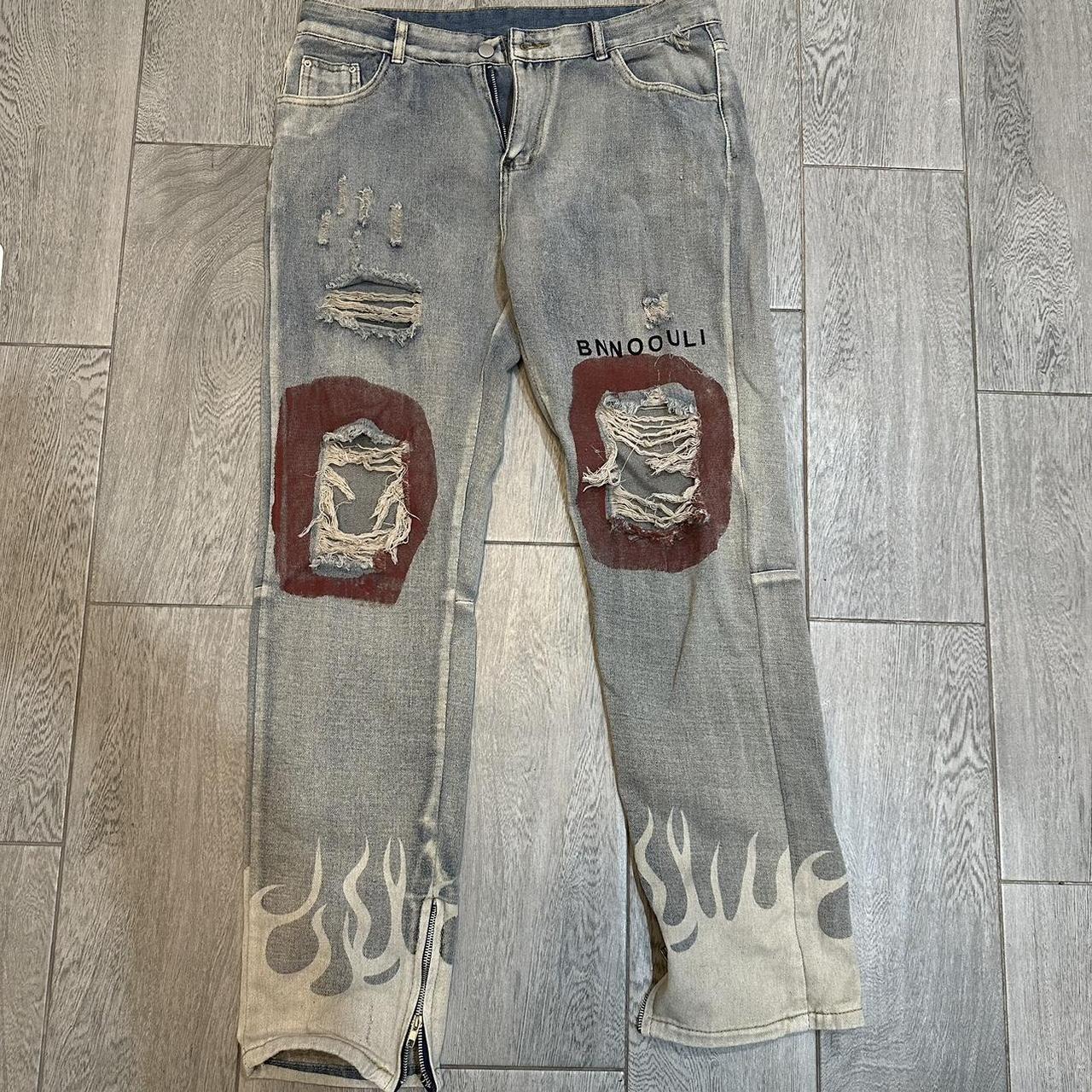 XXL blue ripped jeans with flames - Depop