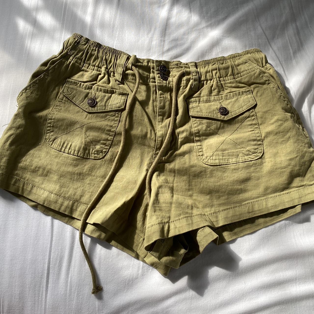 green jean shorts SIZE M fits small too super... - Depop