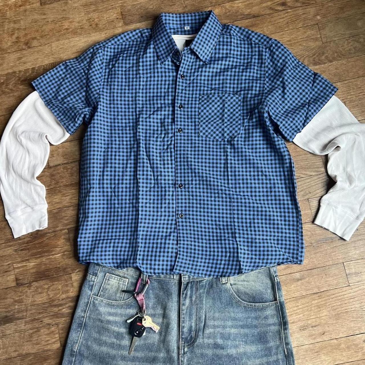 2k/2000s baggy blue plaid button up summer... - Depop