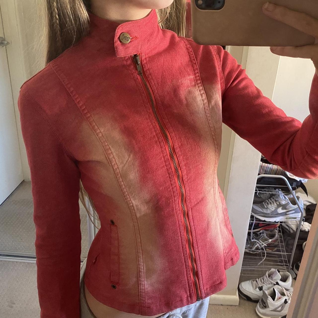 vintage red denim face off jacket fitted red jacket... - Depop