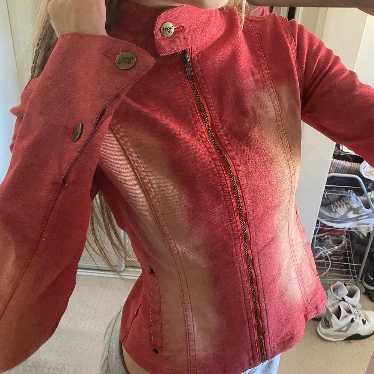 vintage red denim face off jacket fitted red jacket... - Depop