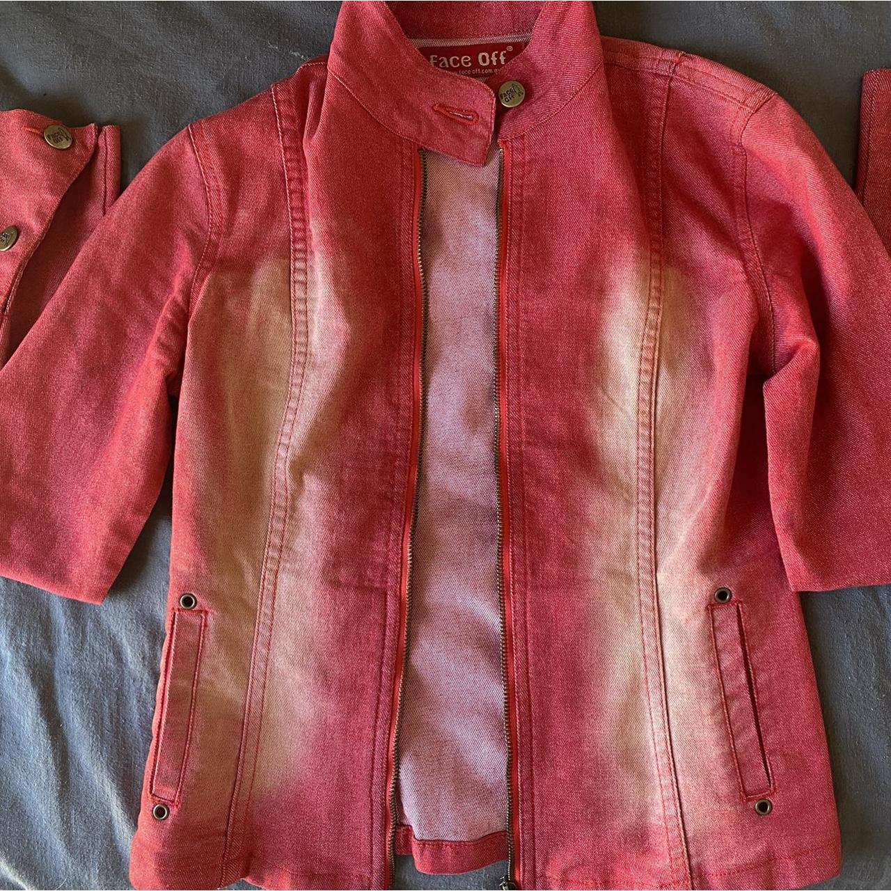 vintage red denim face off jacket fitted red jacket... - Depop