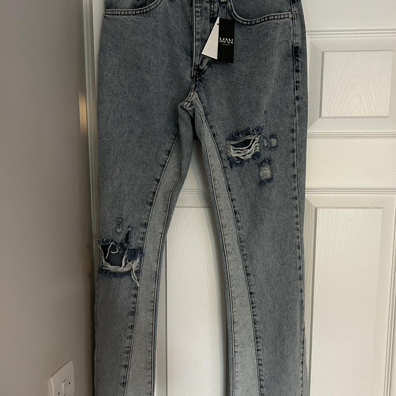 Slim flare distressed panel jeans boohoo man 28... - Depop