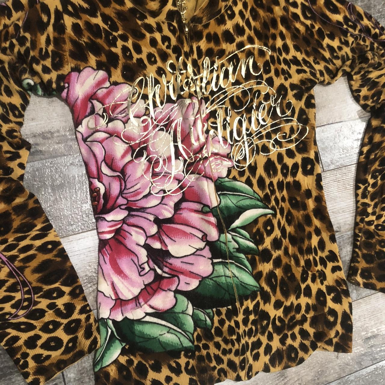 Y2K Women’s Leopard Print Flower Christian Audigier... - Depop