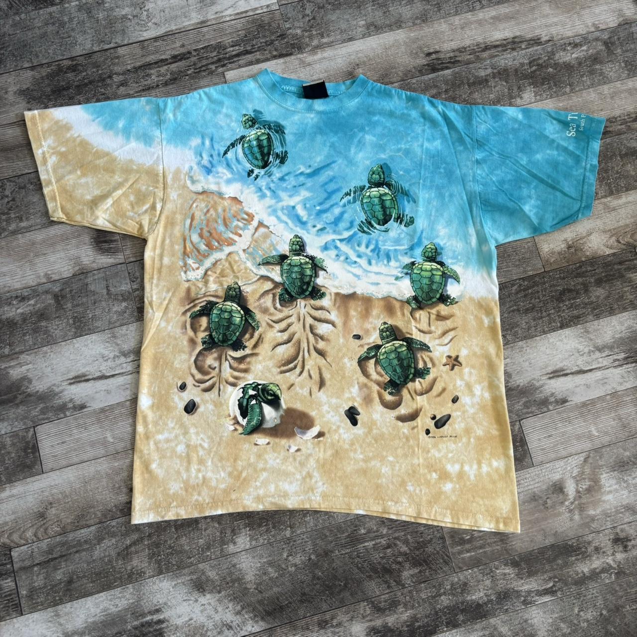 Vintage Y2K Sea Turtle Beach Animal Liquid Blue AOP... | Depop