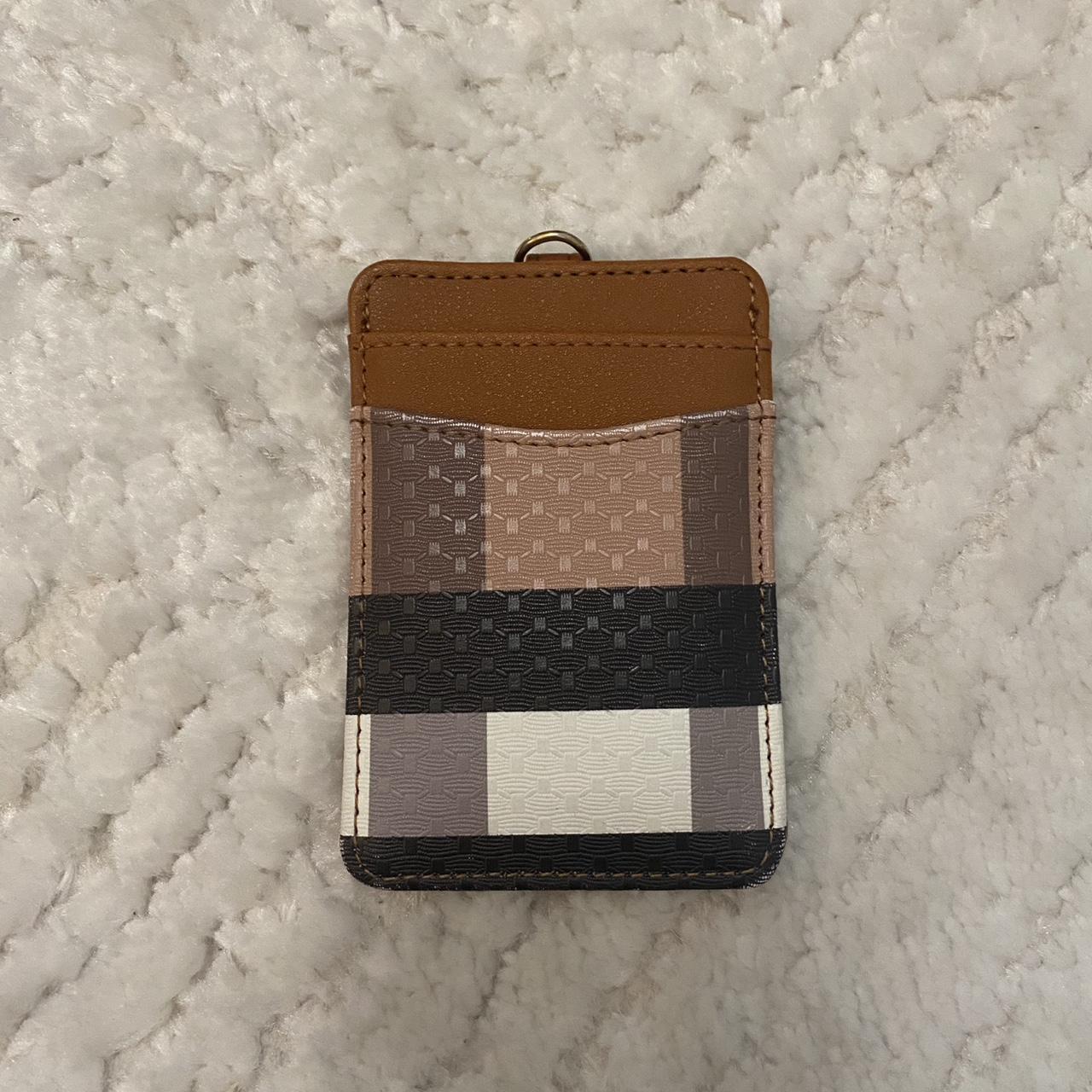 Brown and white checkered card holder wallet... - Depop