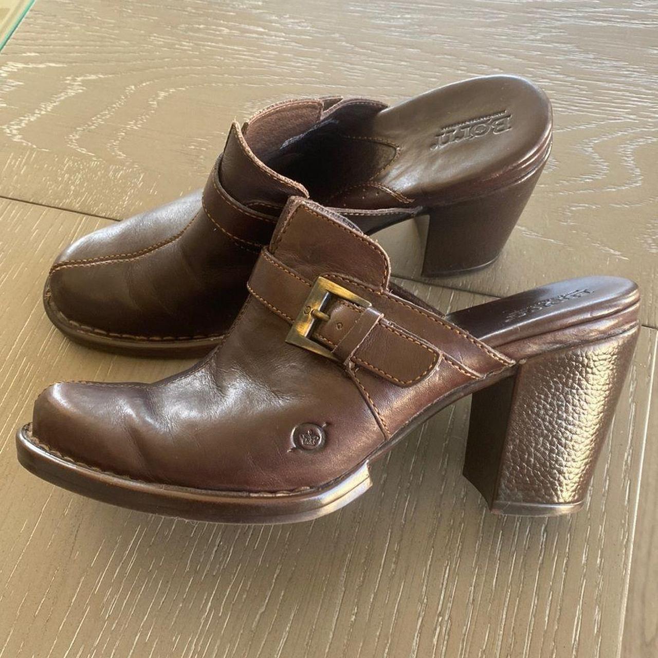 Born Dark Brown Leather Slip On High Block Heel... - Depop