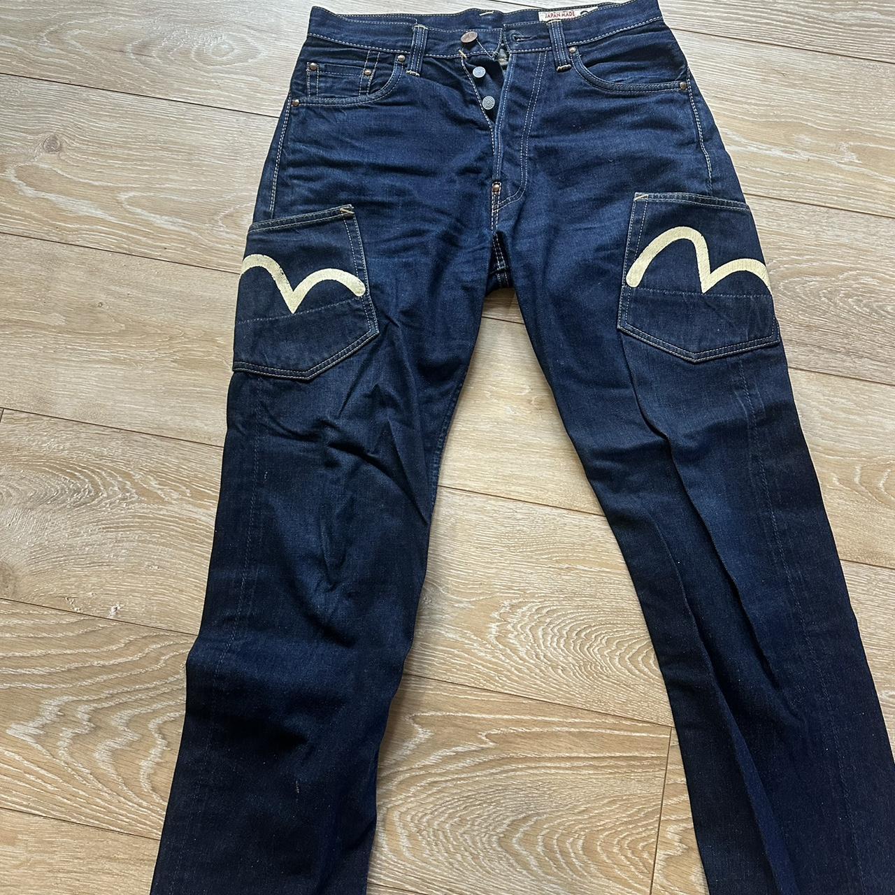 Evisu daicock denim jeans with red & yellow... - Depop