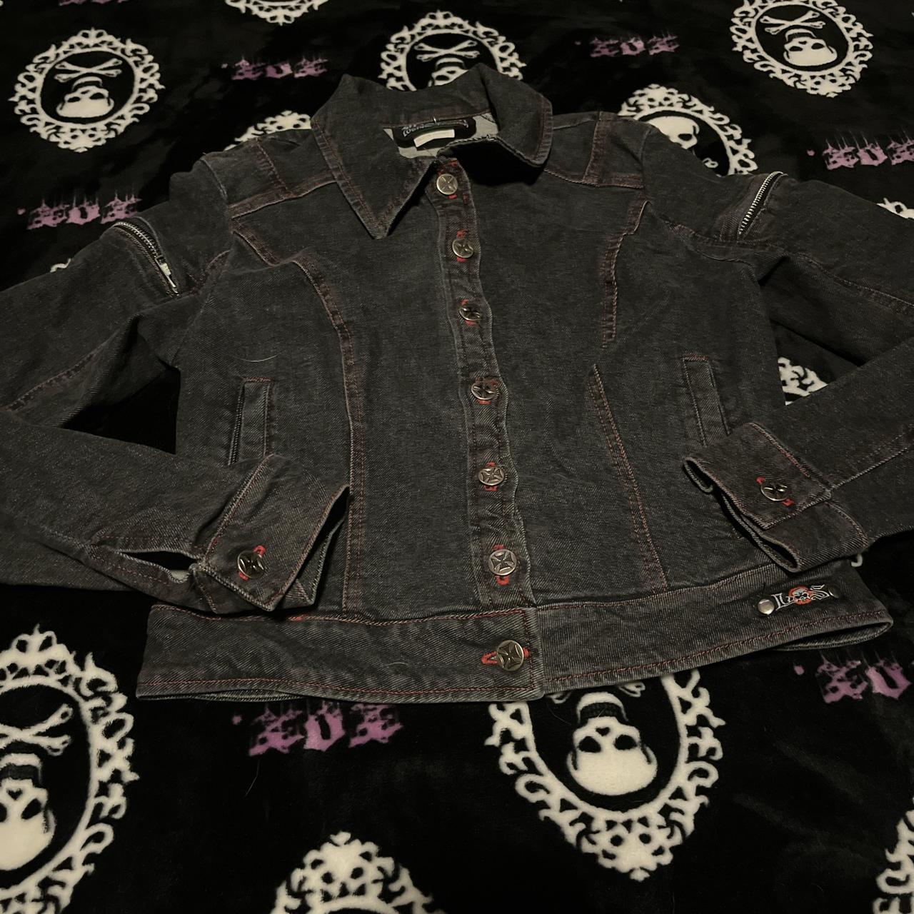 Black denim lip service jacket with red stitching... - Depop
