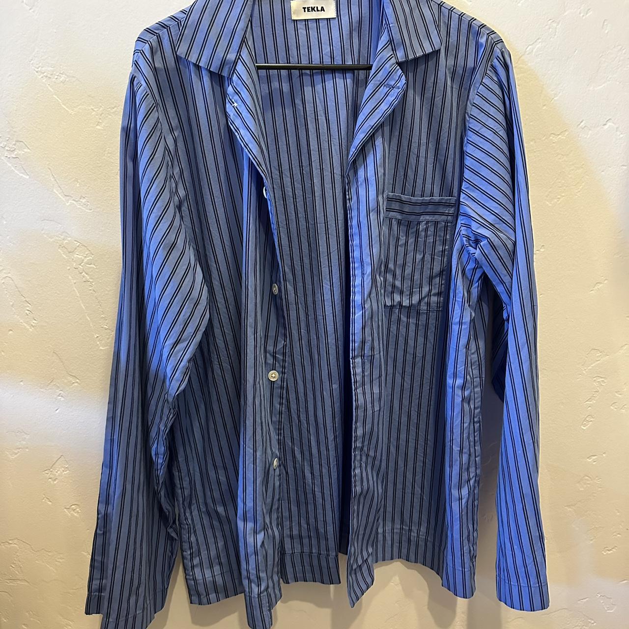 Tekla blue and black stripe pajama shirt long sleeve... - Depop