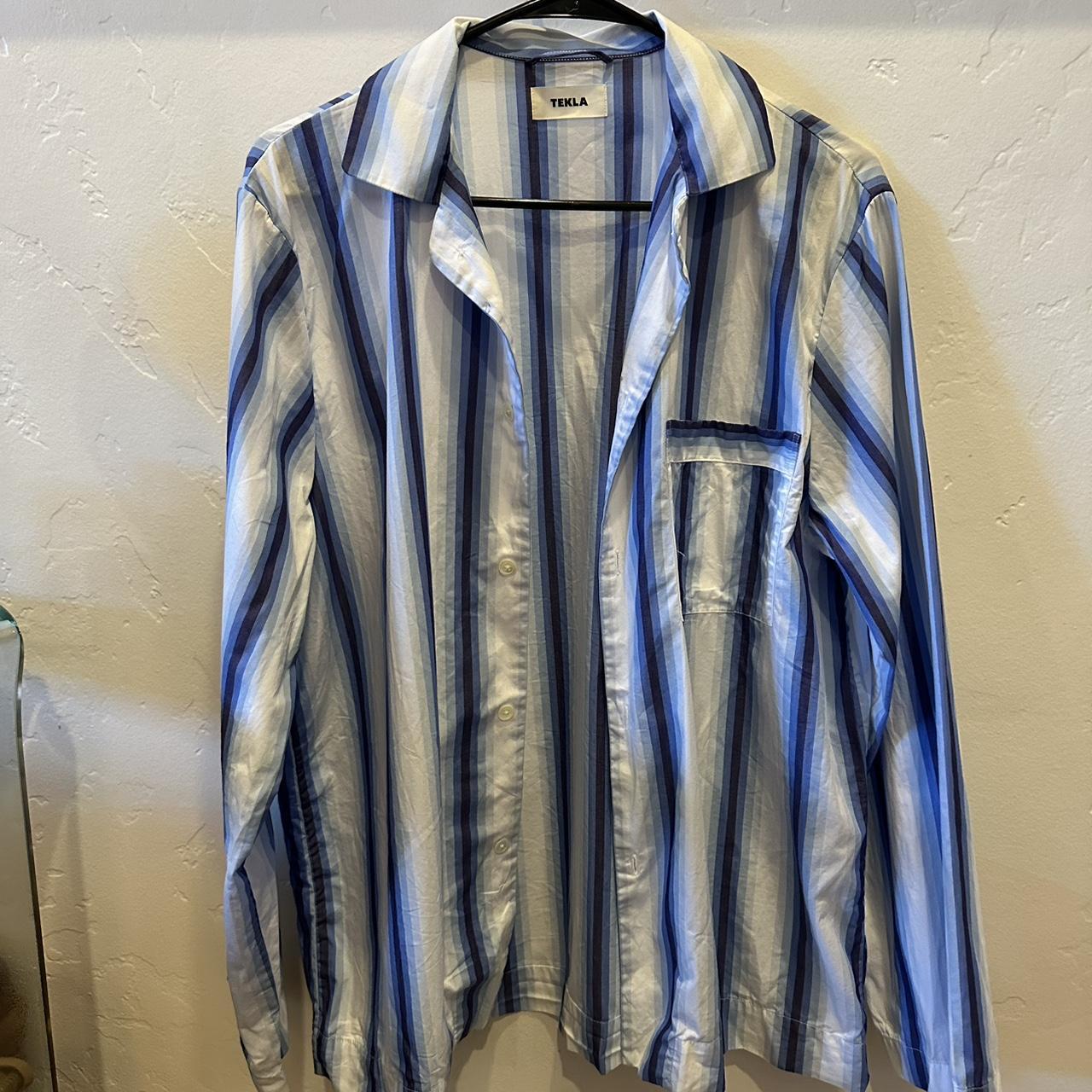 Tekla pajama shirt blue and white long sleeve small - Depop