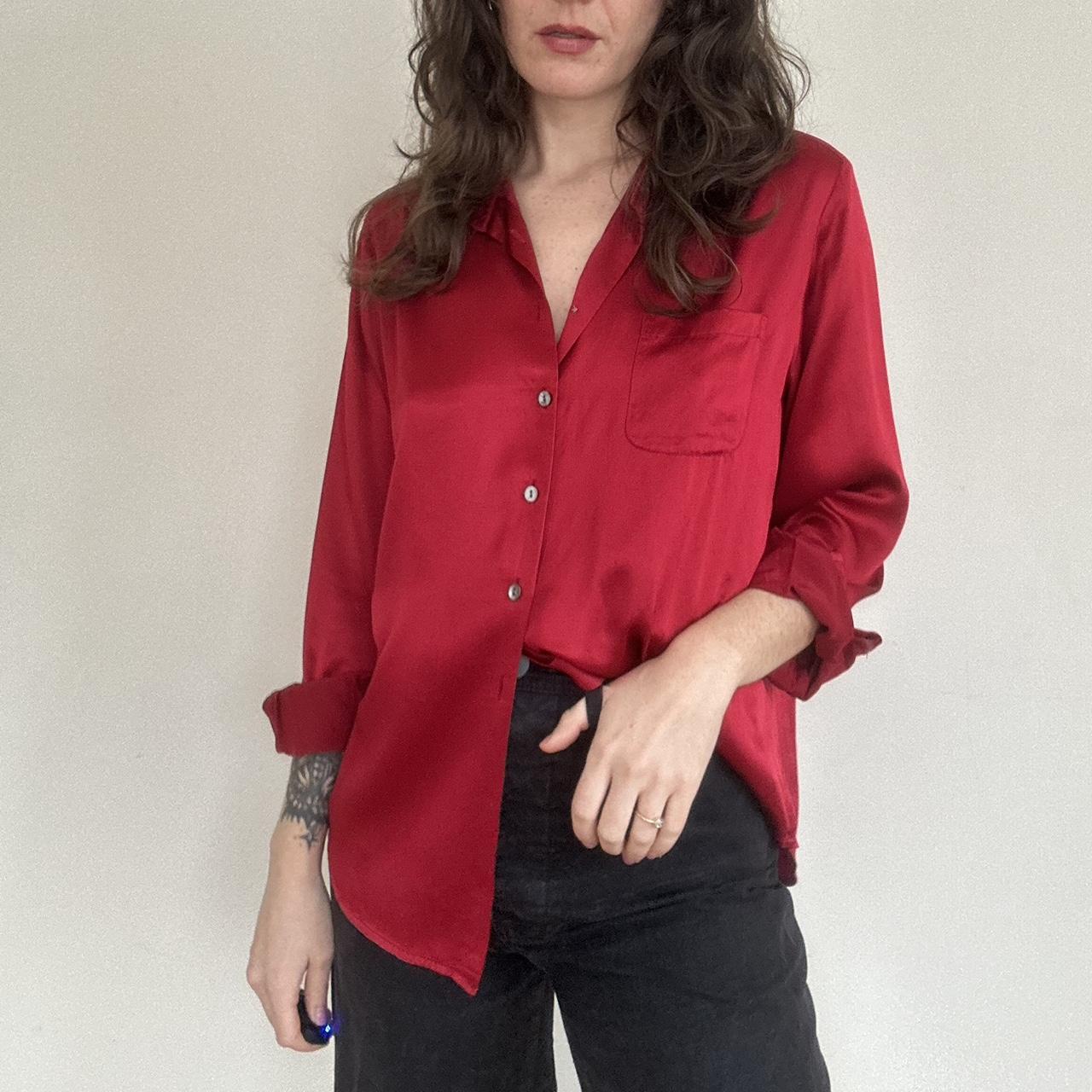 Vintage red silk button up blouse Size 14 ... | Depop
