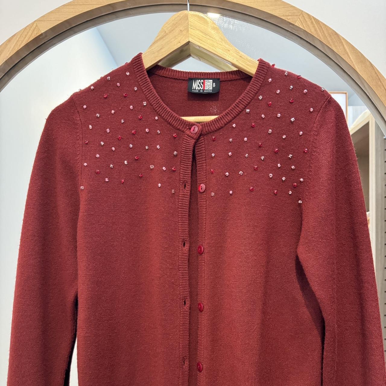 Vintage missshop burgundy cardigan with embellished... | Depop