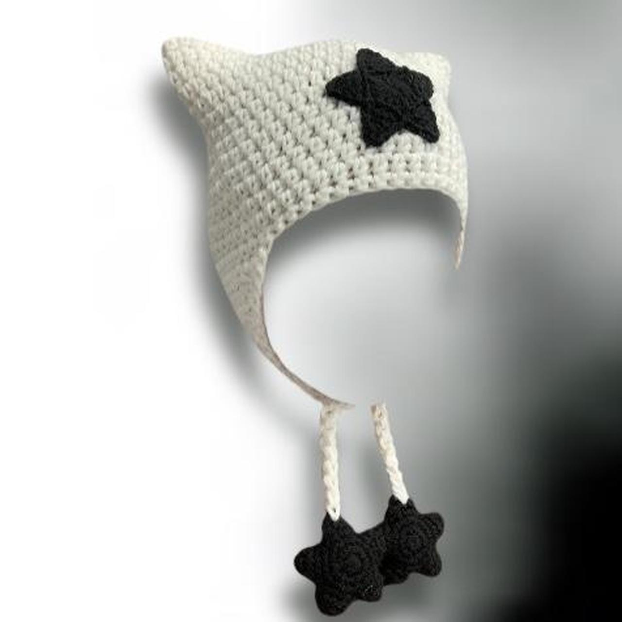 white + black star crochet cat ear hat w ear flaps... - Depop