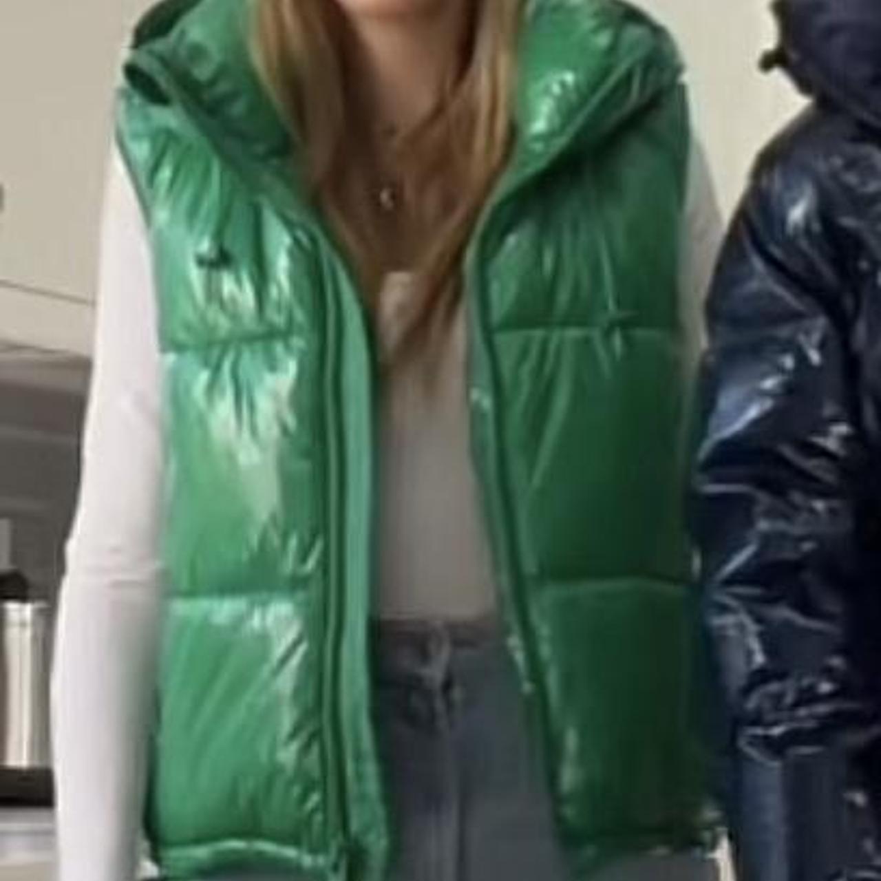 Green shiny Zara puffer vest size small worn... - Depop