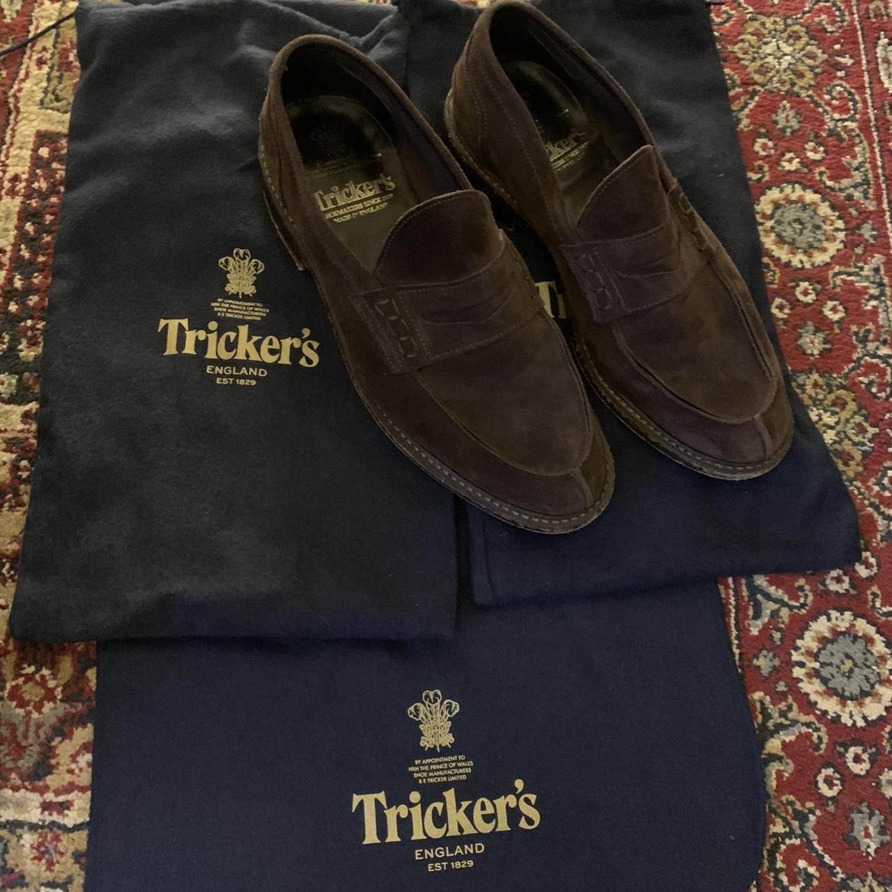 Trickers England Suede brown penny loafers Size 8... - Depop