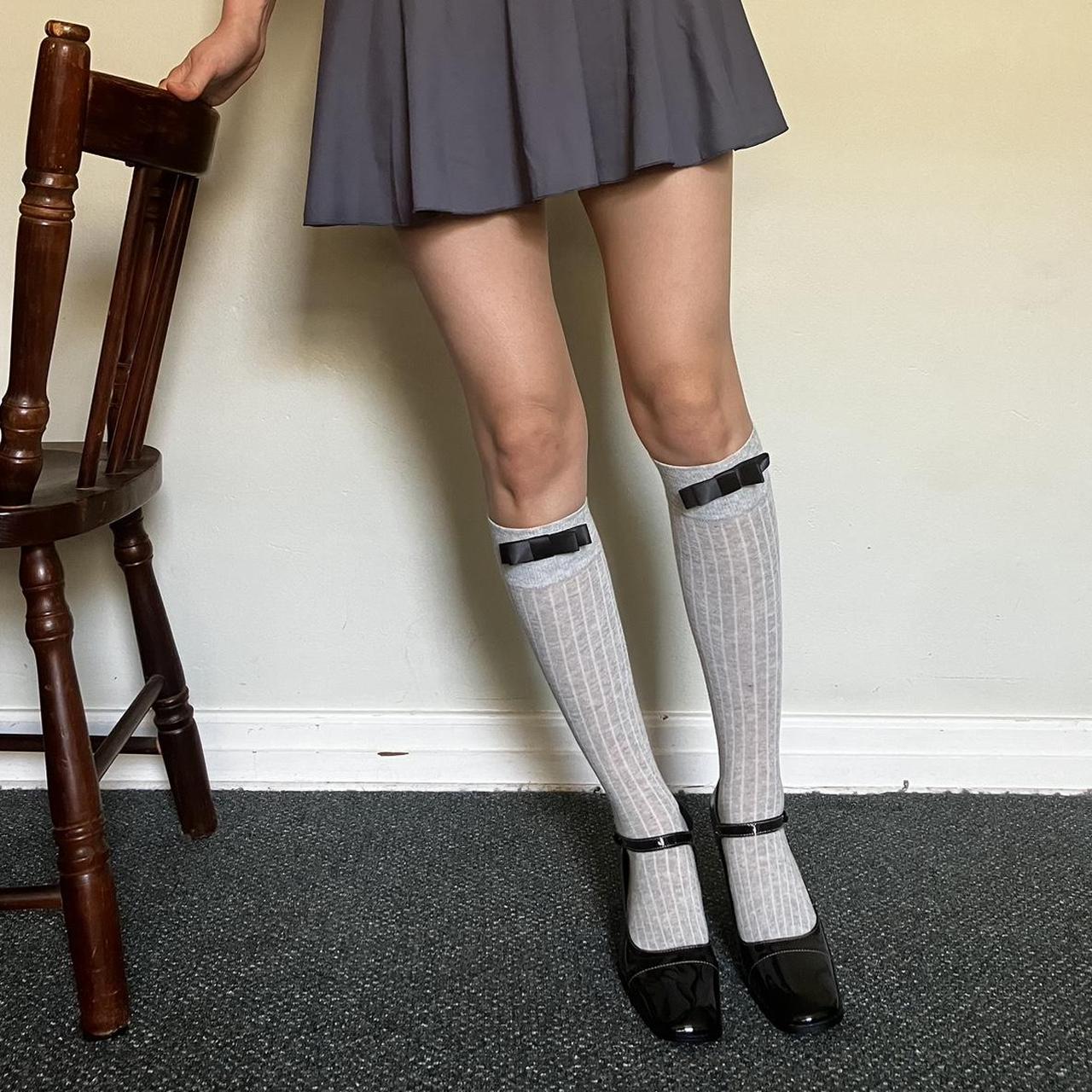 Black Bow Deco Grey Knee High Socks * one size,... - Depop