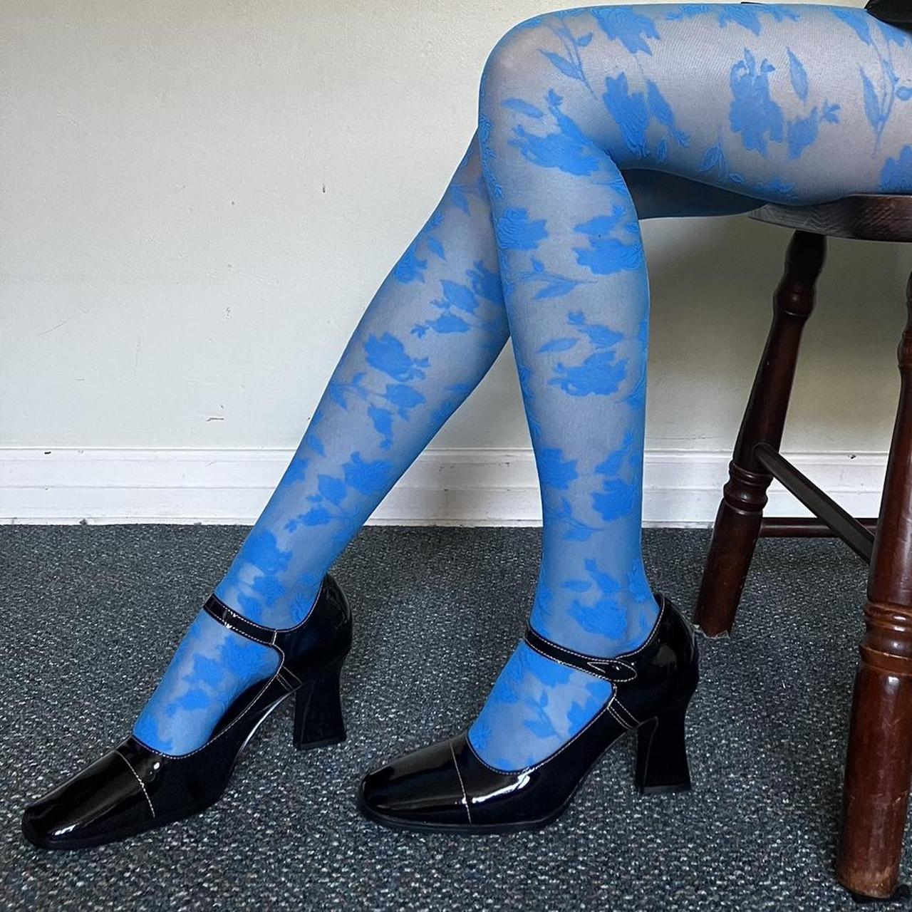 blue floral pattern tights * size small(6-8) * for... - Depop