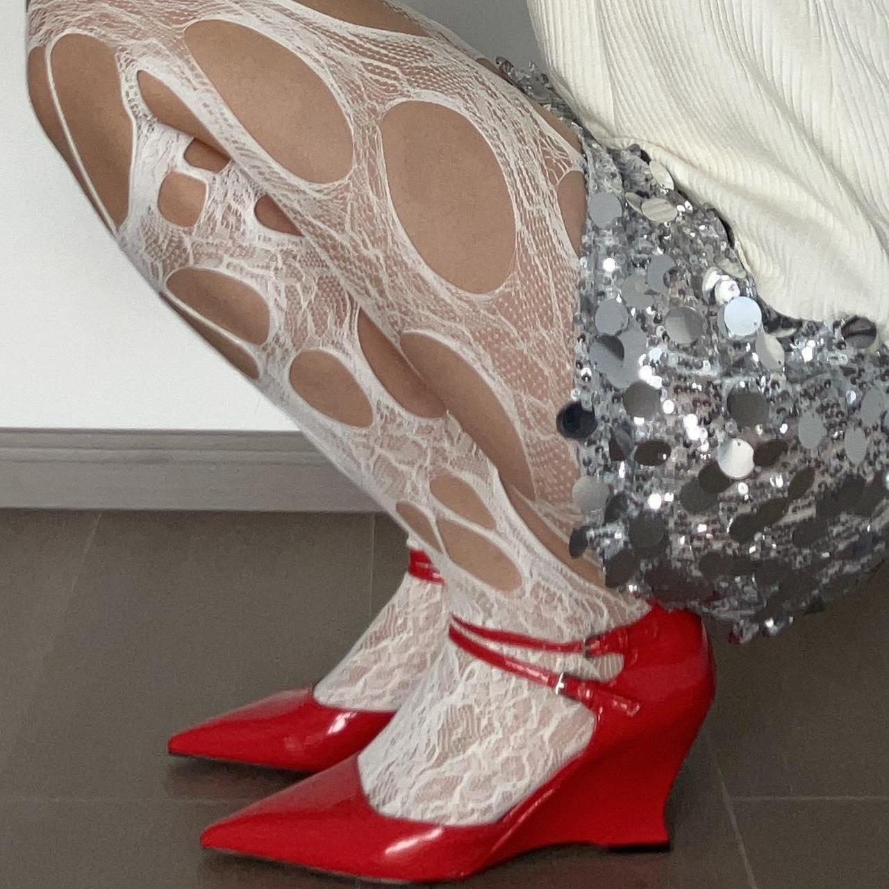 🌸 White Ripped Floral Pattern Fishnet Tights One... - Depop